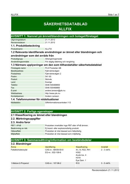 SÄKERHETSDATABLAD ALLFIX - PLS