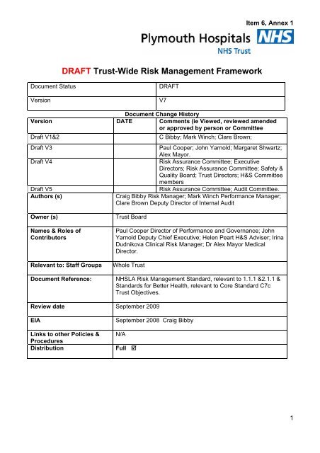 Risk Management Framework Annex - Plymouth Hospitals