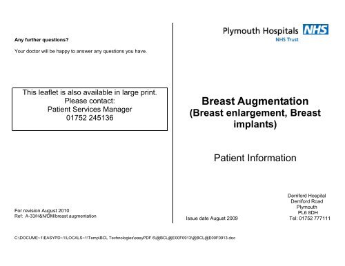 Breast augmentation patient information leaflet - Plymouth Hospitals