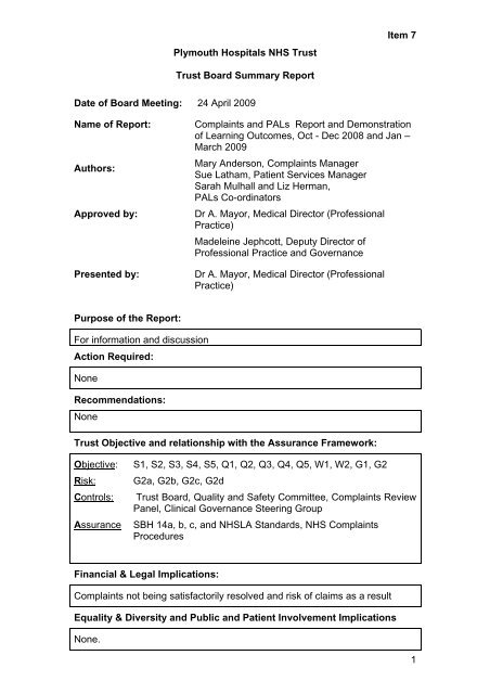 Trust Board Summary Report - Plymouth Hospitals