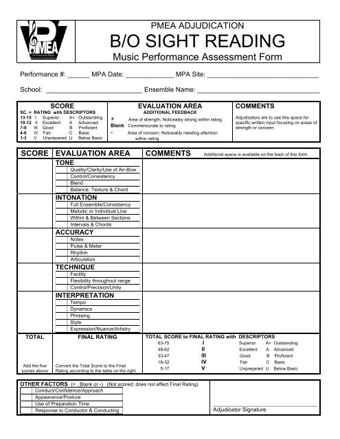 Band/Orchestra Sight Reading Assessment Form