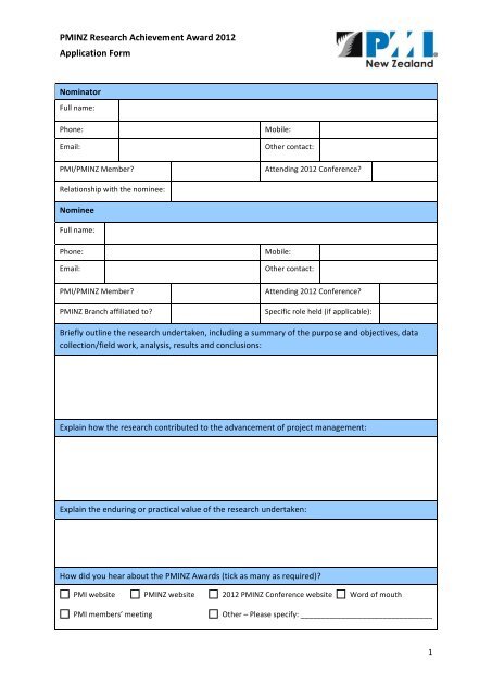 PMINZ Research Achievement Award 2012 Application Form
