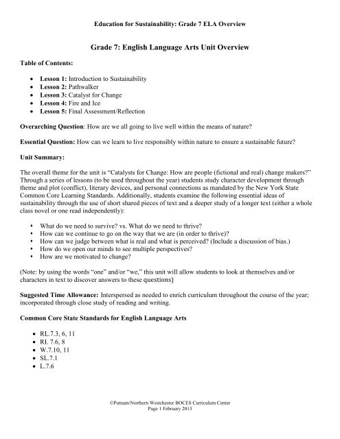 Grade 7: English Language Arts Unit Overview - Boces