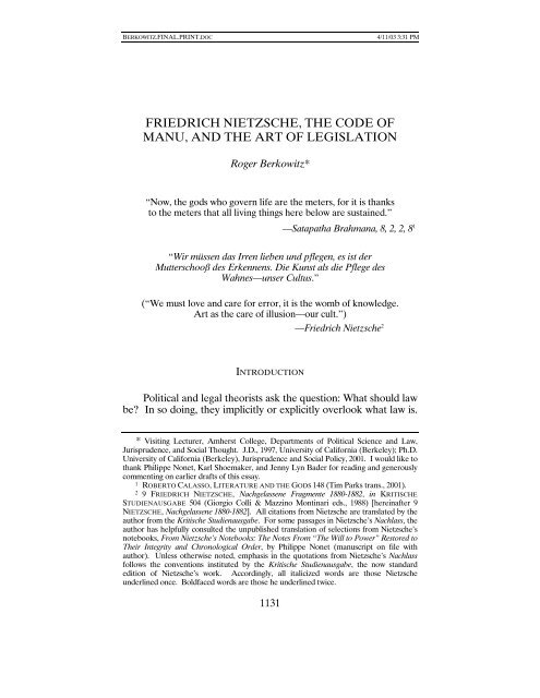 friedrich nietzsche, the code of manu, and the art of legislation