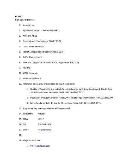 EL 6383: High Speed Networks 1. Introduction 2. Synchronous ...
