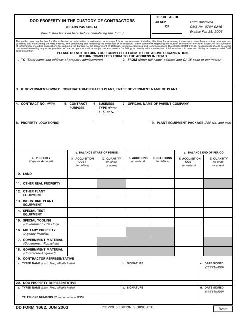 DD Form 1662, DoD Property in the Custody of Contractors, June ...