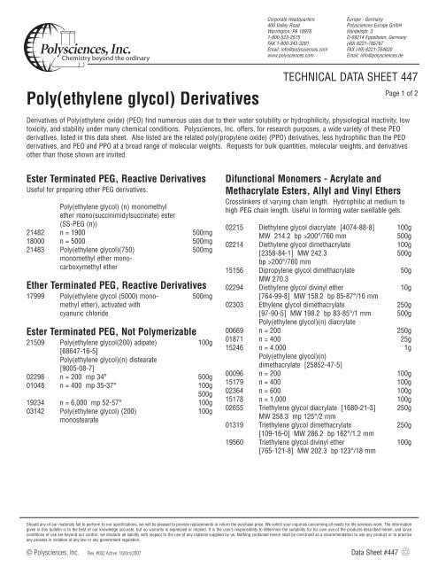 PEG - Poly(ethylene glycol) Derivatives - Polysciences, Inc.