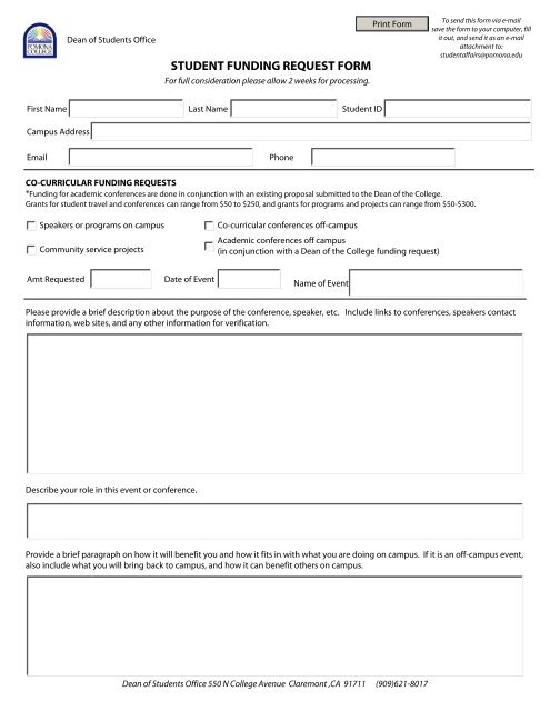 STUDENT FUNDING REQUEST FORM - Pomona College