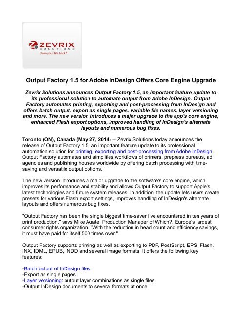 Output Factory 1.5 for Adobe InDesign Offers Core Engine Upgrade