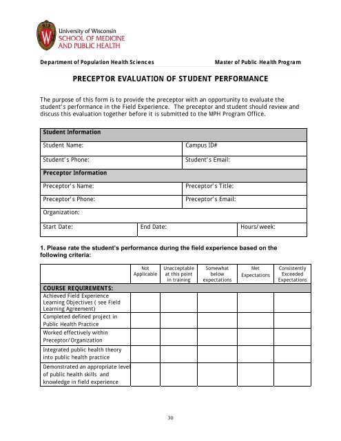 preceptor evaluation of student performance - Department of ...