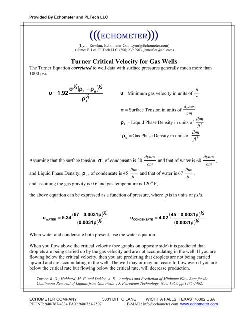 Turner Critical Velocity for Gas Wells - ALRDC