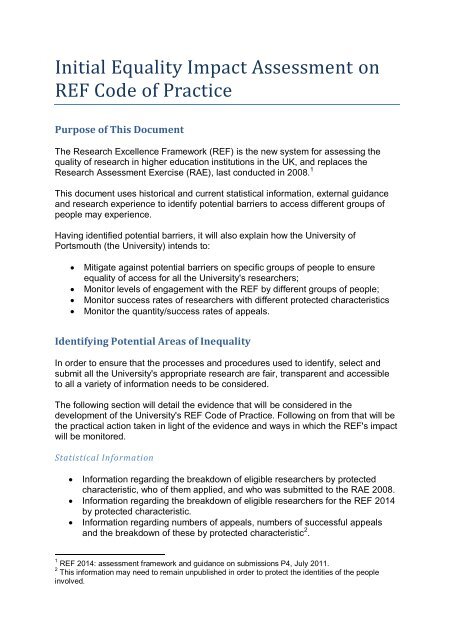 Initial Equality Impact Assessment on REF Code of Practice