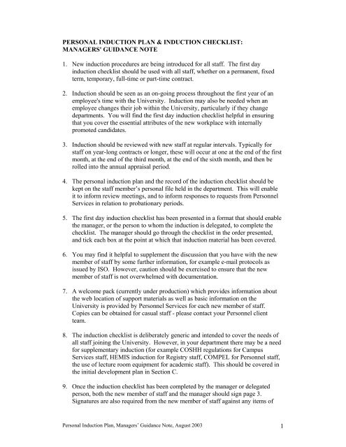 Personal Induction Plan and Induction Checklist