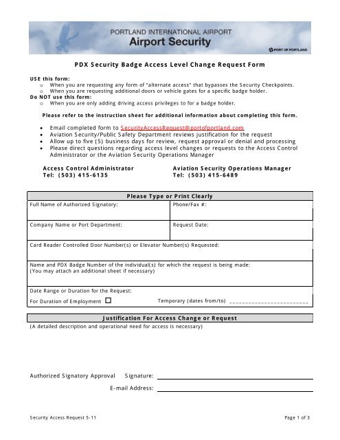 PDX Security Badge Access Level Change Request Form