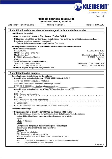 Fiche de sécurité durcisseur - LBA Thivel