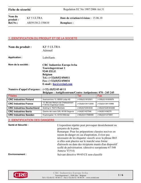 Fiche de sécurité Nom du produit : KF 5 ULTRA Aérosol - LBA Thivel