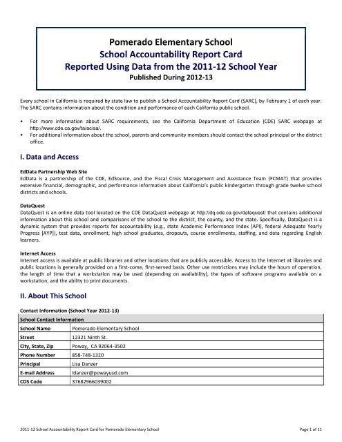 Pomerado Elementary School School Accountability Report Card ...