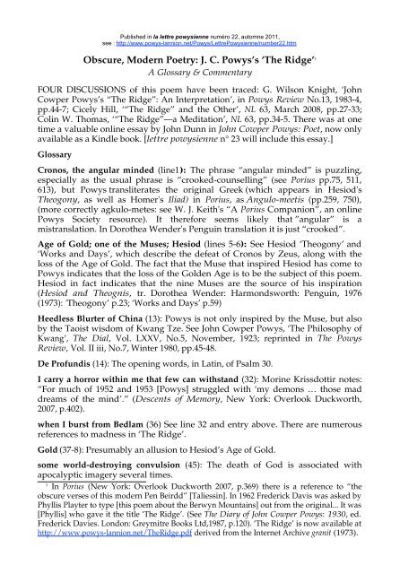 Obscure, Modern Poetry: JC Powys's 'The Ridge'