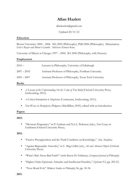 Dr Hazlett's CV - School of Philosophy, Psychology and Language ...