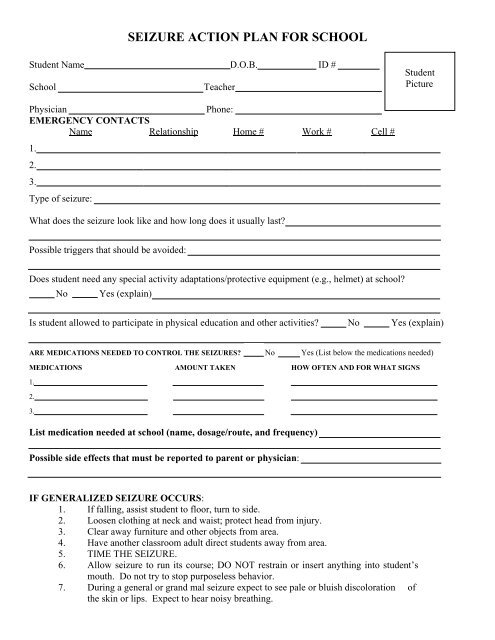 SEIZURE ACTION PLAN FOR SCHOOL