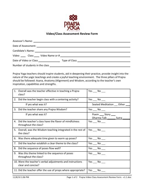 Video Class Assessment Review Form Prajna Yoga