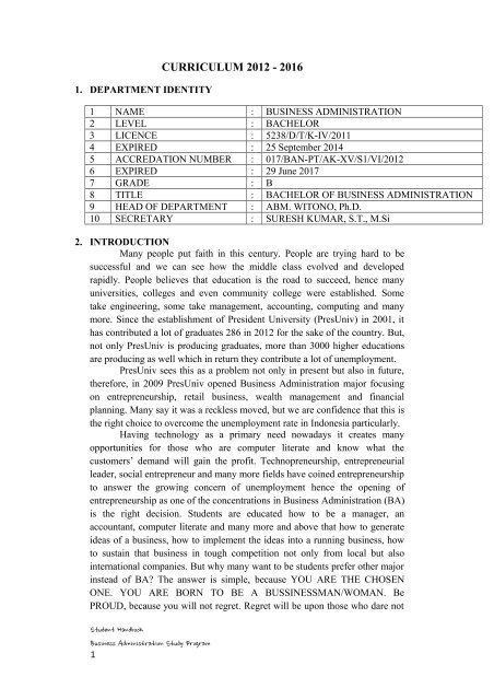 CURRICULUM 2012 - 2016 - President University