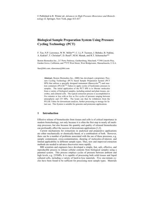 Biological Sample Preparation System Using Pressure Cycling - Free