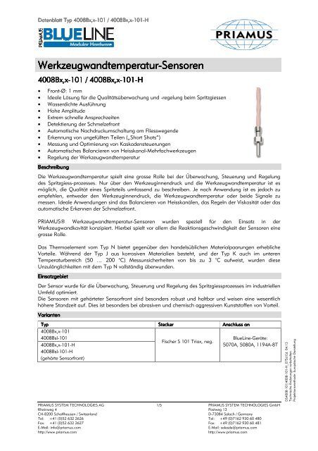 Werkzeugwandtemperatur-Sensor Typ 4008B-101 ... - Priamus