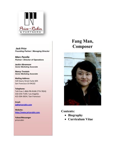 Fang Man, Composer Contents - Price Rubin & Partners