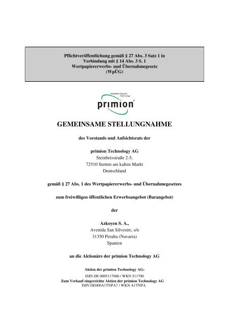 DE Gemeinsame Stellungnahme FINAL - primion Technology AG