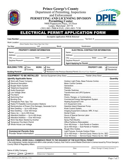 Electrical Permit Application Form / Fees - Prince George's County
