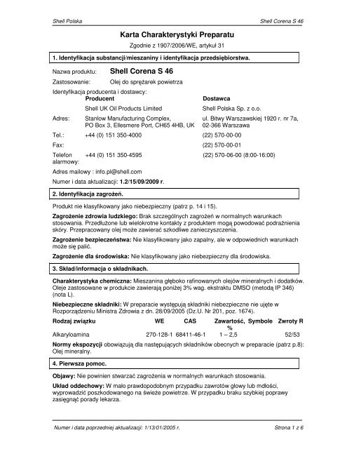 Karta Charakterystyki Preparatu Shell Corena S 46 - Proauto