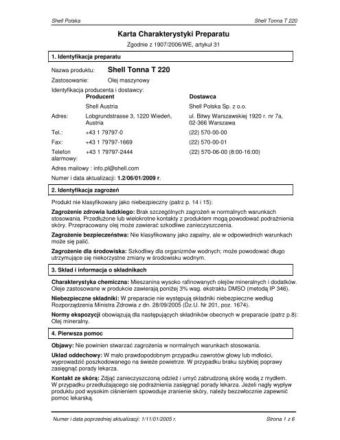 Karta Charakterystyki Preparatu Shell Tonna T 220 - Proauto