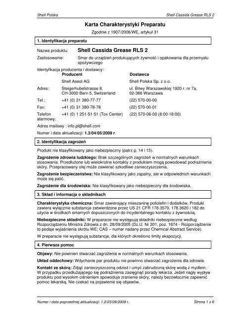 Karta Charakterystyki Preparatu Shell Cassida Grease ... - Proauto