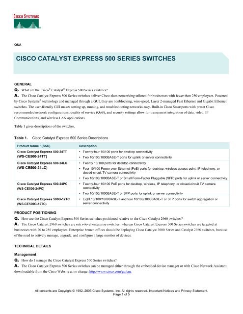 CISCO CATALYST EXPRESS 500 SERIES SWITCHES
