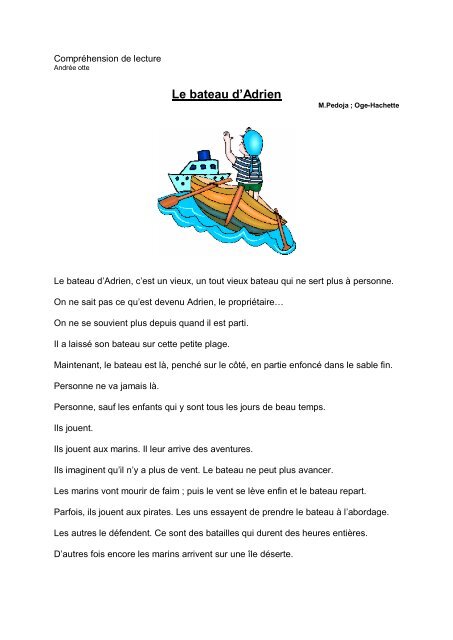 ComprÃ©hension de lecture Le bateau d'Adrien - Professeur Phifix