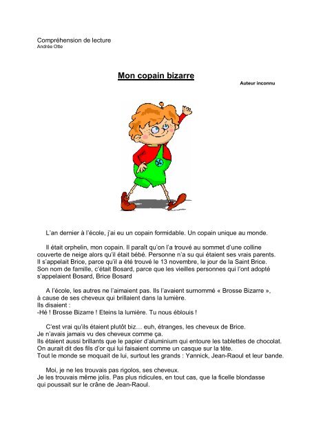 ComprÃ©hension de lecture Mon copain bizarre - Professeur Phifix
