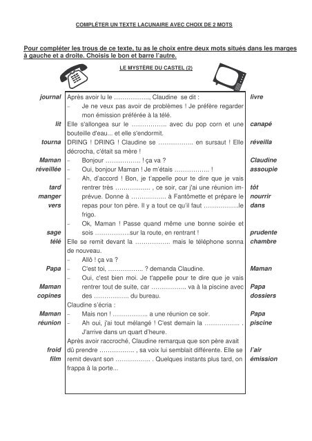 Fiche 26 complÃ©ter un texte lacunaire avec choix ... - Professeur Phifix