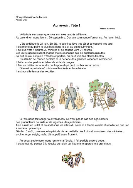 ComprÃ©hension de lecture Au revoir, l'Ã©tÃ© - Professeur Phifix