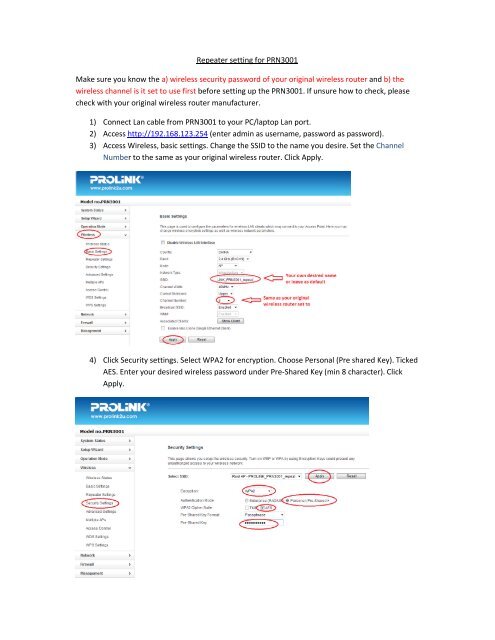 Repeater setting for PRN3001 Make sure you know the ... - PROLiNK