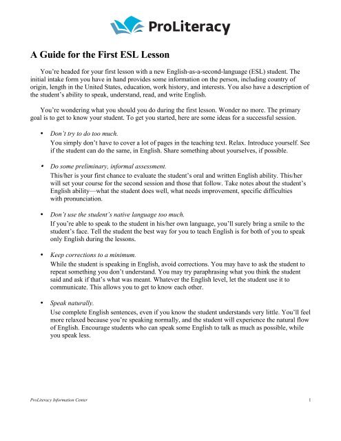 A Guide for the First ESL Lesson - ProLiteracy