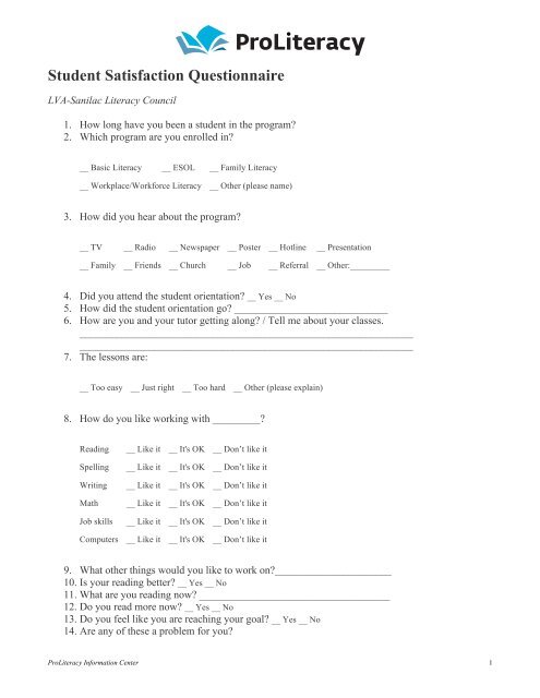 Student Satisfaction Questionnaire - ProLiteracy Student Satisfaction Questionnaire - ProLiteracy
