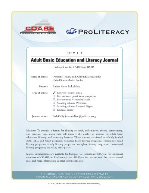 Adult Basic Education and Literacy Journal - ProLiteracy
