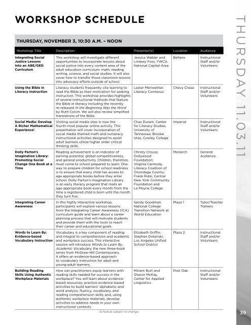 WOrk ShOP SChEDULE - ProLiteracy