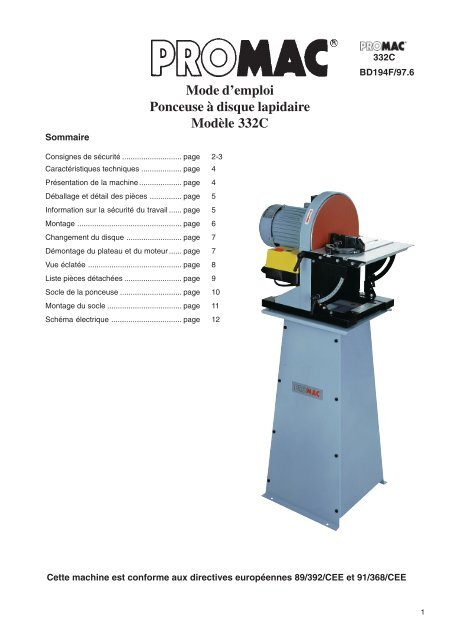 Mode d'emploi Ponceuse Ã disque lapidaire ModÃ¨le 332C - Promac