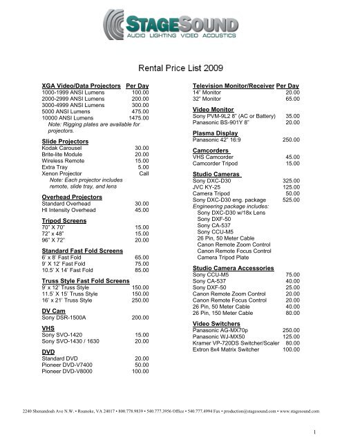 Rental Price List 2007 - Stage Sound, Inc.