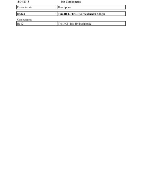(Tris-Hydrochloride), 500gm Components - Promega