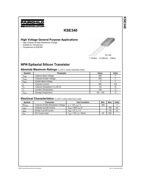 KSE340 NPN Epitaxial Silicon Transistor