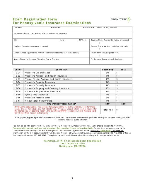Exam Registration Form For Pennsylvania Insurance ... - Prometric
