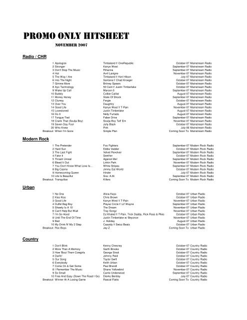 Hitsheet 07-11-01 - Promo Only Canada